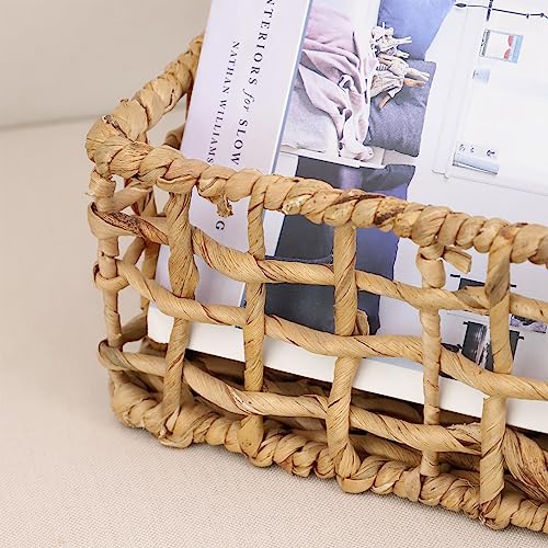 YRMT Water Hyacinth Storage Basket Wicker Baskets for Organizing Hollow Woven Basket with Built-in Handles for Shelves/Pantry 16" x 12" x 5.5" Natural