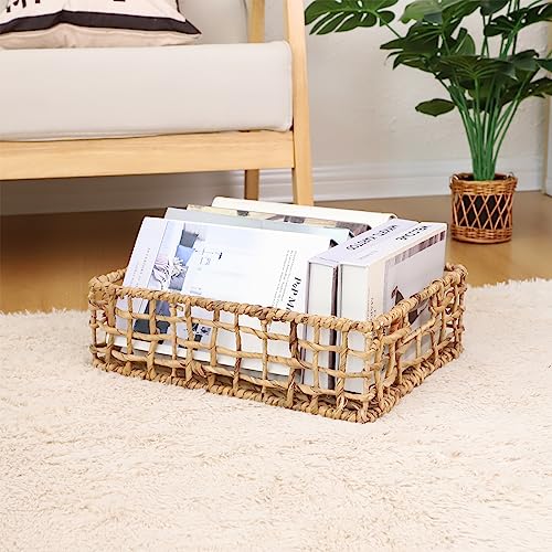 YRMT Water Hyacinth Storage Basket Wicker Baskets for Organizing Hollow Woven Basket with Built-in Handles for Shelves/Pantry 16" x 12" x 5.5" Natural