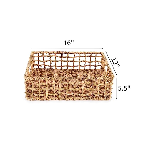 YRMT Water Hyacinth Storage Basket Wicker Baskets for Organizing Hollow Woven Basket with Built-in Handles for Shelves/Pantry 16" x 12" x 5.5" Natural