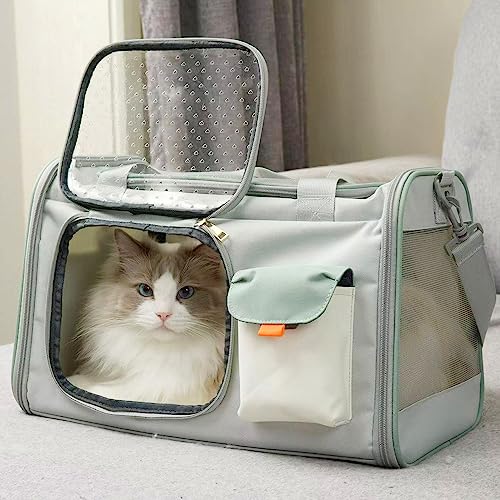 H.S.C PET Light Green Pet Carrier for Adult Cat 15 lbs,Soft Sided Small Dog Travel Carrier Top Load/Collapsible Carrier Bag for Large Cat,Kittens Sturdy Transport Carrier Long Trips/Medium Kitty