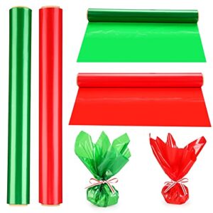 2 rolls red & green cellophane wrap roll- (17 in. wide x 100ft. long x 2.3 mil thick) - cellophane roll for christmas gift basket wrap - plastic wrap for decorations, treats, christmas tree w