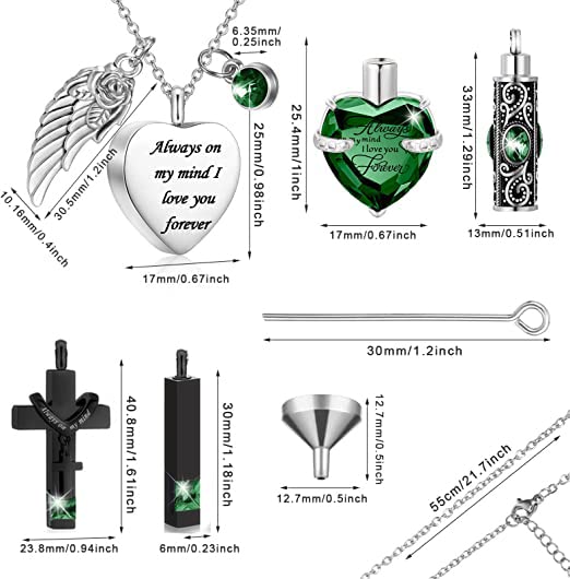 5 Pack Urn Necklace for Ashes, Cremation Jewelry for Ashes, Crystal Heart Cross Cubic Ashes Necklace with Angel Wing, Ashes Keepsake for Men and Women with Small Spoon, Funnel, Velvet Bag (green)