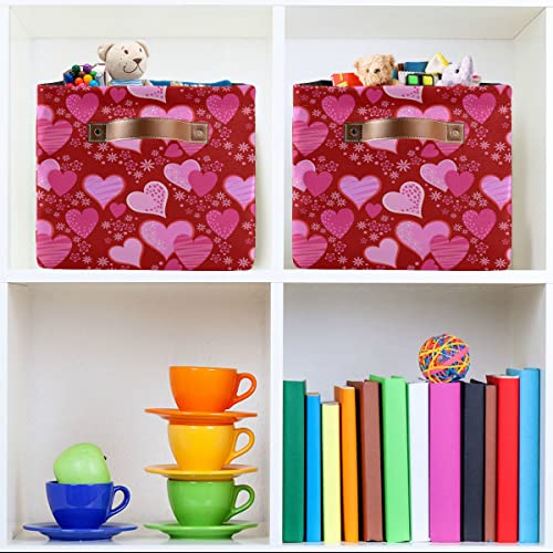 Valentines Day Pink Heart Square Storage Basket Storage Bins Canvas Storage Organizer Closet Shelf Organizer for Home Office, 1 Pc