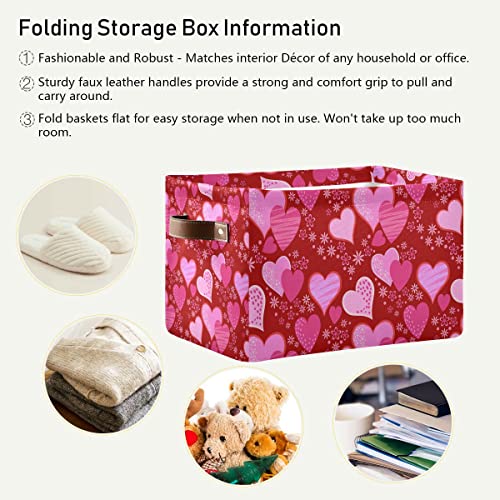 Valentines Day Pink Heart Square Storage Basket Storage Bins Canvas Storage Organizer Closet Shelf Organizer for Home Office, 1 Pc