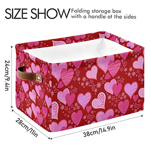 Valentines Day Pink Heart Square Storage Basket Storage Bins Canvas Storage Organizer Closet Shelf Organizer for Home Office, 1 Pc