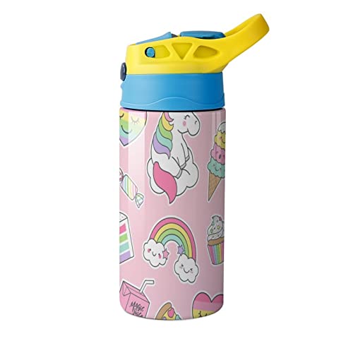 Water Bottle With Straw Pink Unicorns Insulated Stainless Steel Vacuum Cup 500Ml For School 7.5x2.7 in