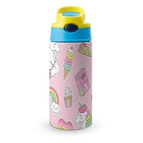 Water Bottle With Straw Pink Unicorns Insulated Stainless Steel Vacuum Cup 500Ml For School 7.5x2.7 in