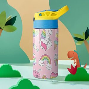 Water Bottle With Straw Pink Unicorns Insulated Stainless Steel Vacuum Cup 500Ml For School 7.5x2.7 in