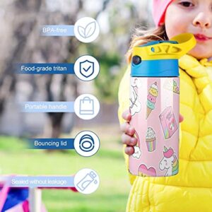 Water Bottle With Straw Pink Unicorns Insulated Stainless Steel Vacuum Cup 500Ml For School 7.5x2.7 in