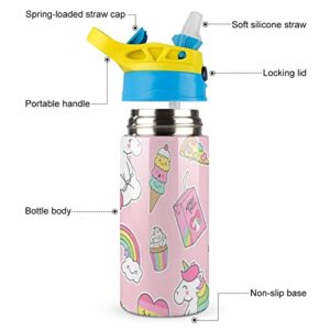 Water Bottle With Straw Pink Unicorns Insulated Stainless Steel Vacuum Cup 500Ml For School 7.5x2.7 in