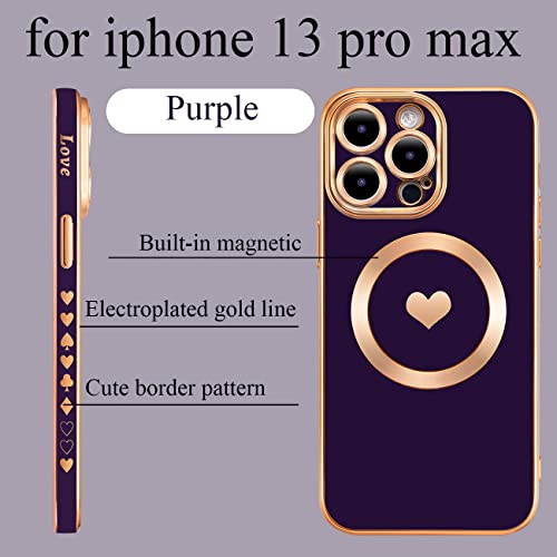 Weonmov Magnetic Case for iPhone 13 Pro Max Case for Women Men [ Compatible with MagSafe ], Cute Love Heart Soft Back Cover Raised Full Camera Lens Protection Phone Case (6.7") - Purple