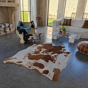 rugoo premium brown cowhide rug 4.6 ft x 6.6 ft faux cowhide rug cow print rug faux animal skin rug for living room bedroom nursery western decor