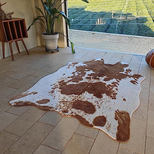 rugoo Premium Brown Cowhide Rug 4.6 ft x 6.6 ft Faux Cowhide Rug Cow Print Rug Faux Animal Skin Rug for Living Room Bedroom Nursery Western Decor