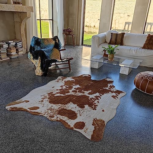 rugoo Premium Brown Cowhide Rug 4.6 ft x 6.6 ft Faux Cowhide Rug Cow Print Rug Faux Animal Skin Rug for Living Room Bedroom Nursery Western Decor