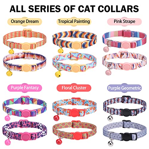 DILLYBUD Breakaway Cat Collars for Girl Boy Cats, Fall Winter All Weather Cat Collar Personalized Pattern 2 Pack,Cute Classic Safety Buckles and Bells,Adjustable Printed Nylon Colorful Pink