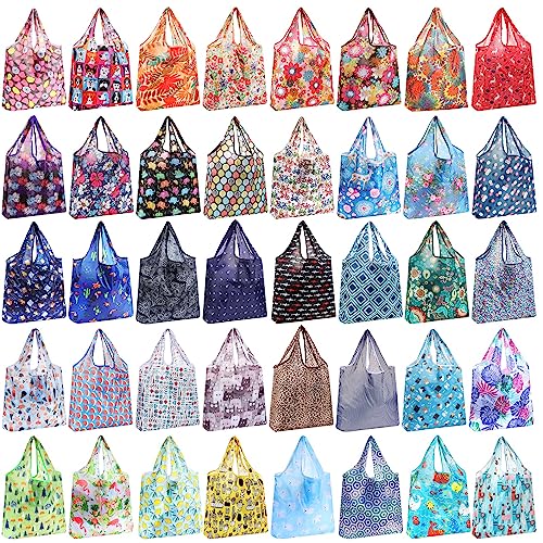 40 Pcs Reusable Grocery Bags Foldable Reusable Shopping Bags Polyester Heavy Duty Tote Bags with Attached Pouch and Handles Waterproof Washable Grocery Tote Practical Gifts for Women Men, 40 Styles