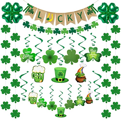 Amandir 38PCS St. Patrick's Day Decorations Set, 2 Lucky Shamrock Banners, 4 String of Shamrocks Garland, 16 St. Patrick's Hanging Swirls with Cutouts, Pre-assembled for Lucky Day Home Party Supplies