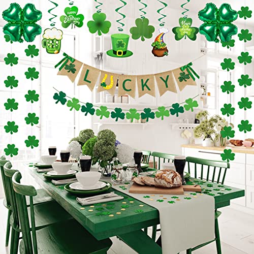 Amandir 38PCS St. Patrick's Day Decorations Set, 2 Lucky Shamrock Banners, 4 String of Shamrocks Garland, 16 St. Patrick's Hanging Swirls with Cutouts, Pre-assembled for Lucky Day Home Party Supplies