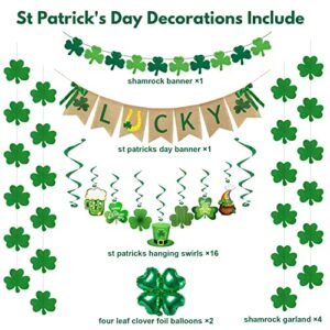 Amandir 38PCS St. Patrick's Day Decorations Set, 2 Lucky Shamrock Banners, 4 String of Shamrocks Garland, 16 St. Patrick's Hanging Swirls with Cutouts, Pre-assembled for Lucky Day Home Party Supplies