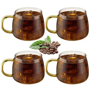 4 pcs glass coffee mugs with amber colored handle 12.5 oz vertical striped borosilicate glass mug ribbed coffee cups clear vintage glass tea cup for hot chocolate espresso latte cappuccino whiskey