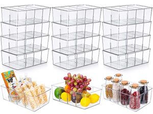 12 pcs food storage organizer bins acrylic snack organizer for pantry clear bins with 3 removable dividers refrigerator organizer bins stackable storage bins containers for kitchen fridge cabinet