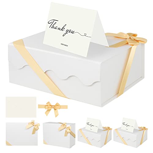 zmybcpack 5 Pack White Gift Boxes 12”x9”x4”, Luxury Wedding Gift Boxes Boxes Collapsible Magnetic Closure Gift Box Bulk with Thank You Card & Envelopes, Champagne Gold Ribbon For Wedding, Birthday