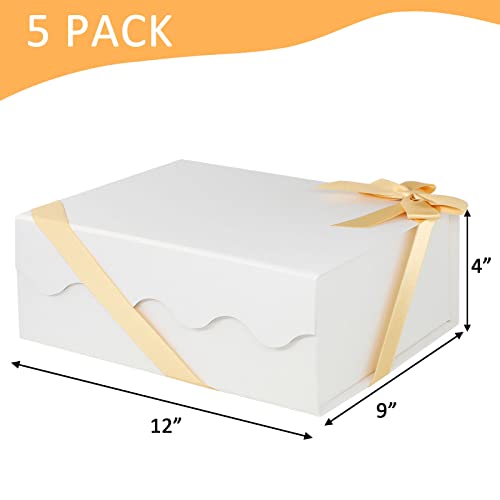 zmybcpack 5 Pack White Gift Boxes 12”x9”x4”, Luxury Wedding Gift Boxes Boxes Collapsible Magnetic Closure Gift Box Bulk with Thank You Card & Envelopes, Champagne Gold Ribbon For Wedding, Birthday