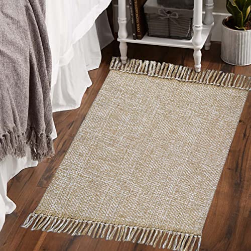 Boho Bathroom Rug 2'x 3', Khaki/Cream Hand- Woven Cotton Reversible Small Entryway Rug with Tassels Machine Washable Rug for Kitchen/Laundry/Doorway Porch Throw Floor Mat