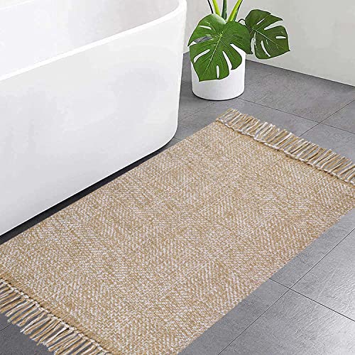 Boho Bathroom Rug 2'x 3', Khaki/Cream Hand- Woven Cotton Reversible Small Entryway Rug with Tassels Machine Washable Rug for Kitchen/Laundry/Doorway Porch Throw Floor Mat