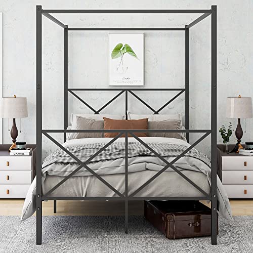 Tensun Full Size Metal Canopy Bed Frame, Platform Bed Frame with X Shaped Headboard and Footboard,Detachable Bed Frame No Box Spring Needed/Easy Assembly Black