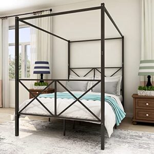 Tensun Full Size Metal Canopy Bed Frame, Platform Bed Frame with X Shaped Headboard and Footboard,Detachable Bed Frame No Box Spring Needed/Easy Assembly Black