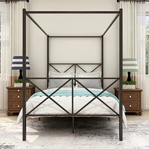 Tensun Full Size Metal Canopy Bed Frame, Platform Bed Frame with X Shaped Headboard and Footboard,Detachable Bed Frame No Box Spring Needed/Easy Assembly Black