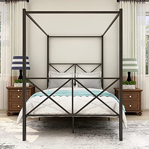 Tensun Full Size Metal Canopy Bed Frame, Platform Bed Frame with X Shaped Headboard and Footboard,Detachable Bed Frame No Box Spring Needed/Easy Assembly Black