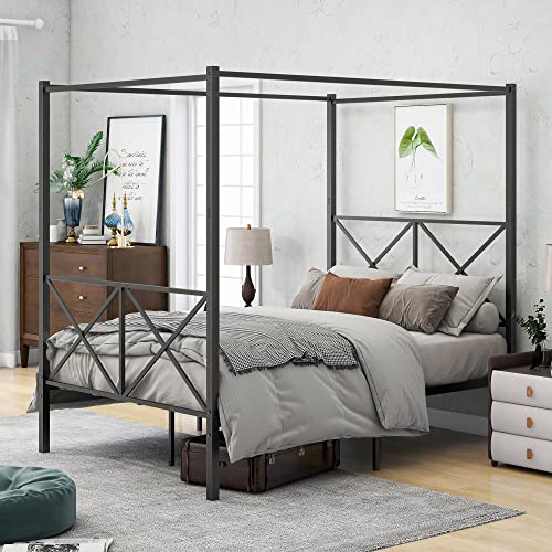 Tensun Full Size Metal Canopy Bed Frame, Platform Bed Frame with X Shaped Headboard and Footboard,Detachable Bed Frame No Box Spring Needed/Easy Assembly Black