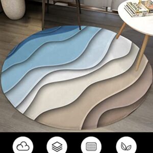 Blue White Brown Round Area Rug 3ft,Washable Outdoor Indoor Carpet Runner Rug for Bedroom,Kitchen,Bathroom,Living Room,Abstract Modern Ocean Seawaves Geometry Art Area+Rug Small Bath Door Desk Mat