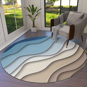 blue white brown round area rug 3ft,washable outdoor indoor carpet runner rug for bedroom,kitchen,bathroom,living room,abstract modern ocean seawaves geometry art area+rug small bath door desk mat