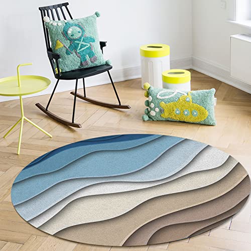 Blue White Brown Round Area Rug 3ft,Washable Outdoor Indoor Carpet Runner Rug for Bedroom,Kitchen,Bathroom,Living Room,Abstract Modern Ocean Seawaves Geometry Art Area+Rug Small Bath Door Desk Mat