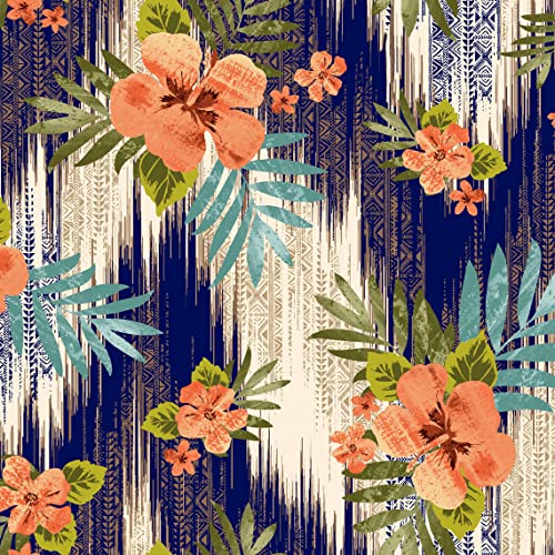 Texco Inc Tropical Pattern Printed Poly Spandex Large Flowers DTY Brush Stretch Fabric/4 Way, Dark Navy Orange 3 Yards