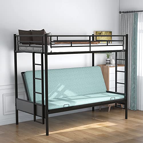 Twin-Over-Futon Convertible Couch and Bed, Metal Futon Bunk Bed with Guardrails and Ladder, Sturdy Steel Foldable Sofa-Bed for Kids Adults Teens (Twin Over Full Metal Bunk Bed, Twin)