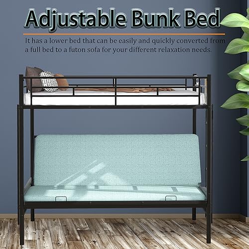 Twin-Over-Futon Convertible Couch and Bed, Metal Futon Bunk Bed with Guardrails and Ladder, Sturdy Steel Foldable Sofa-Bed for Kids Adults Teens (Twin Over Full Metal Bunk Bed, Twin)