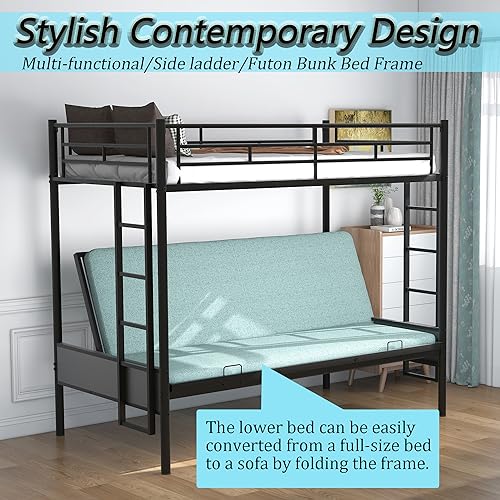 Twin-Over-Futon Convertible Couch and Bed, Metal Futon Bunk Bed with Guardrails and Ladder, Sturdy Steel Foldable Sofa-Bed for Kids Adults Teens (Twin Over Full Metal Bunk Bed, Twin)