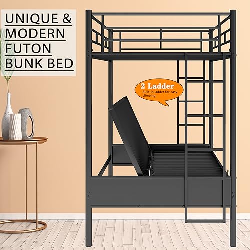 Twin-Over-Futon Convertible Couch and Bed, Metal Futon Bunk Bed with Guardrails and Ladder, Sturdy Steel Foldable Sofa-Bed for Kids Adults Teens (Twin Over Full Metal Bunk Bed, Twin)