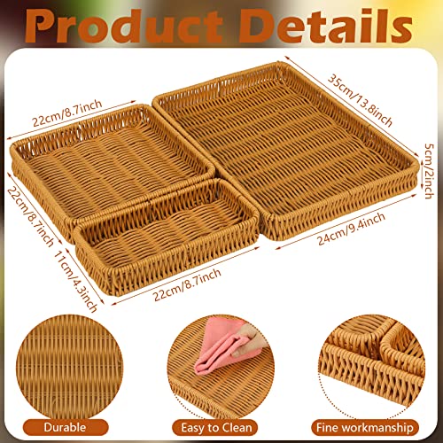 3 Pcs Rattan Serving Tray Rectangular Wicker Basket Woven Rattan Basket Tray Handmade Weaving Storage Basket Organizing Bathroom Platter for Coffee Bread Fruit Drinks Snack Table Countertop, 3 Sizes