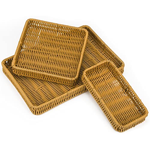 3 Pcs Rattan Serving Tray Rectangular Wicker Basket Woven Rattan Basket Tray Handmade Weaving Storage Basket Organizing Bathroom Platter for Coffee Bread Fruit Drinks Snack Table Countertop, 3 Sizes