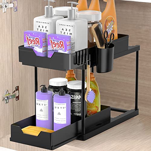 MYITYARD Under Sink Organizers and Storage, 2 Tier Pull Out Sliding Drawer with Hanging Cup and 4 Hooks, for Bathroom Kitchen Cabinet Multifunctional Under Sink Storages Shelf, Black