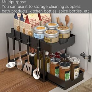 MYITYARD Under Sink Organizers and Storage, 2 Tier Pull Out Sliding Drawer with Hanging Cup and 4 Hooks, for Bathroom Kitchen Cabinet Multifunctional Under Sink Storages Shelf, Black