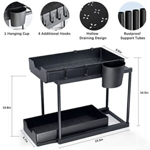 MYITYARD Under Sink Organizers and Storage, 2 Tier Pull Out Sliding Drawer with Hanging Cup and 4 Hooks, for Bathroom Kitchen Cabinet Multifunctional Under Sink Storages Shelf, Black