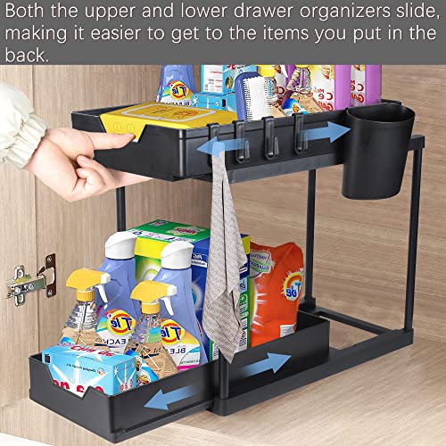 MYITYARD Under Sink Organizers and Storage, 2 Tier Pull Out Sliding Drawer with Hanging Cup and 4 Hooks, for Bathroom Kitchen Cabinet Multifunctional Under Sink Storages Shelf, Black