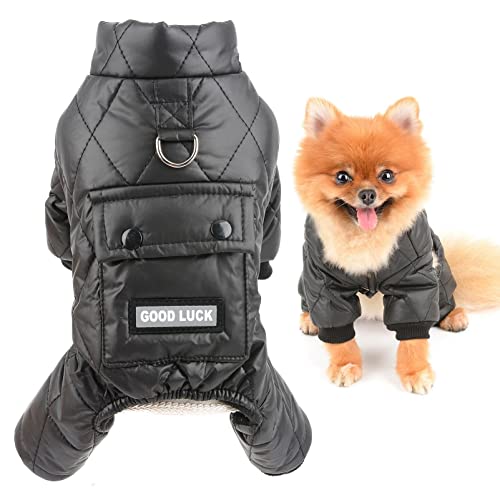 SMALLLEE_LUCKY_STORE Pet Padded Winter Coat Snowsuit with Pocket D-Ring for Small Dogs Cats Waterproof Windproof Puppy Chihuahua Yorkie Fleece Lined Warm Cold Weather Clothes,Black,S