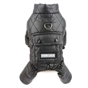 SMALLLEE_LUCKY_STORE Pet Padded Winter Coat Snowsuit with Pocket D-Ring for Small Dogs Cats Waterproof Windproof Puppy Chihuahua Yorkie Fleece Lined Warm Cold Weather Clothes,Black,S